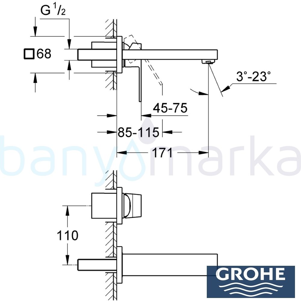 Grohe Eurocube Duvardan Ankastre Lavabo Bataryası
