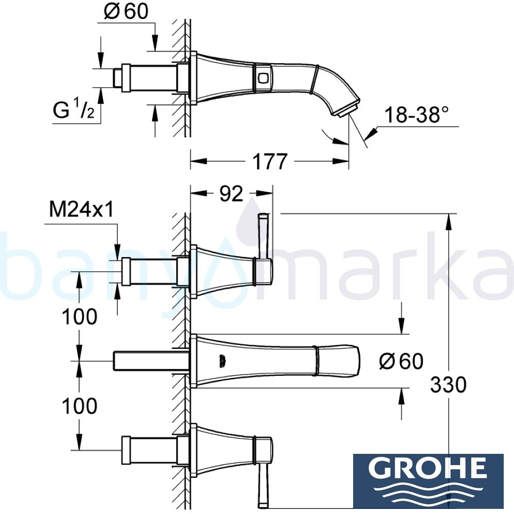 Grohe Grandera Duvardan Ankastre Lavabo Bataryası 20414IG0