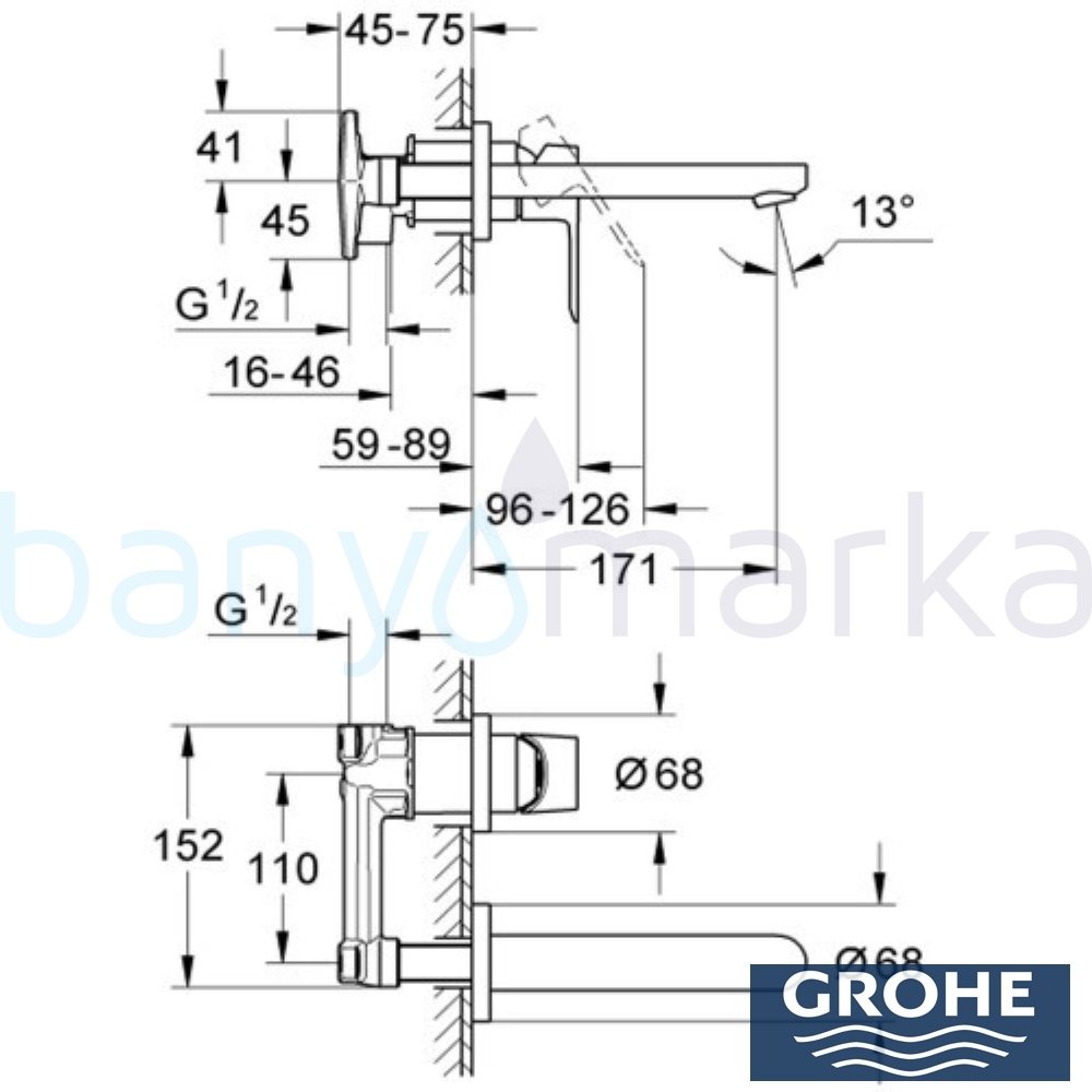 Grohe BauEdge İki Delikli Ankastre Lavabo Bataryası