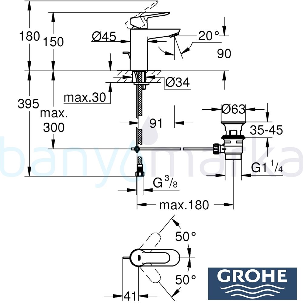 Grohe BauEdge Lavabo Bataryası, Sifon Kumandalı