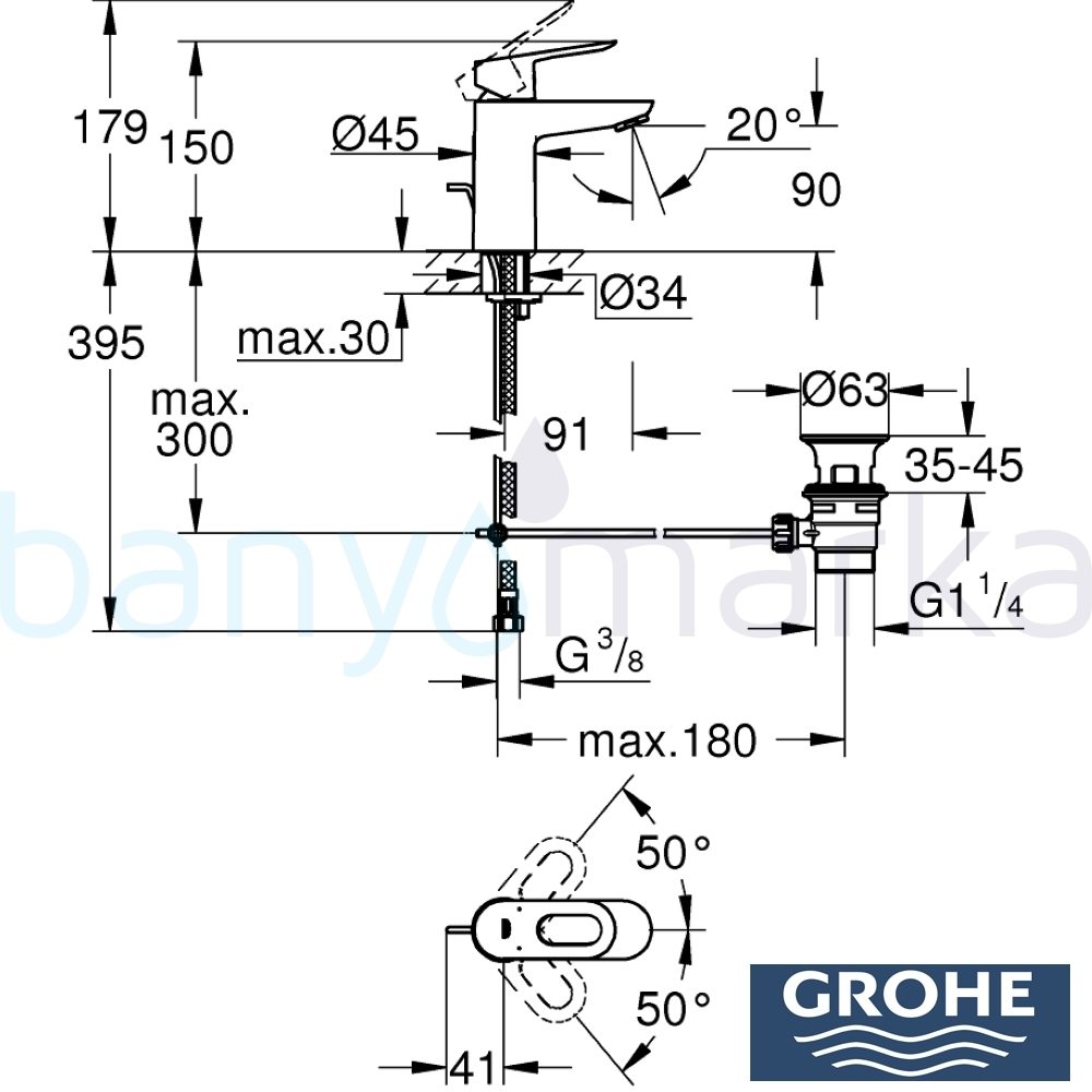 Grohe BauLoop Lavabo Bataryası, Sifon Kumandalı