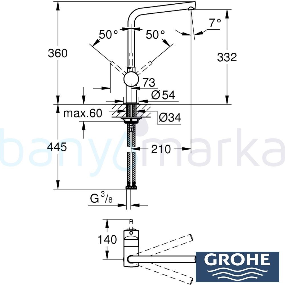 Grohe Minta Döner Borulu Eviye Bataryası, L Başlıklı