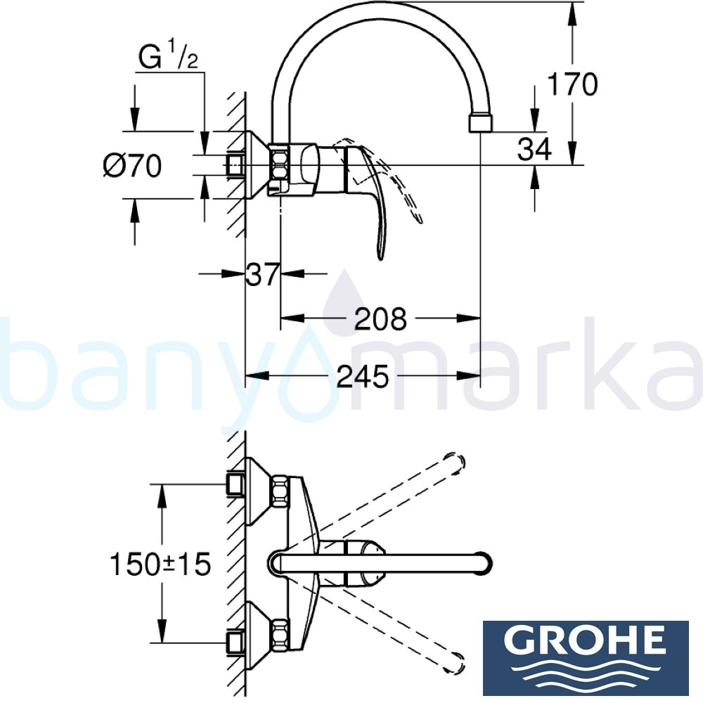 Grohe Eurosmart Duvardan Lavabo Bataryası