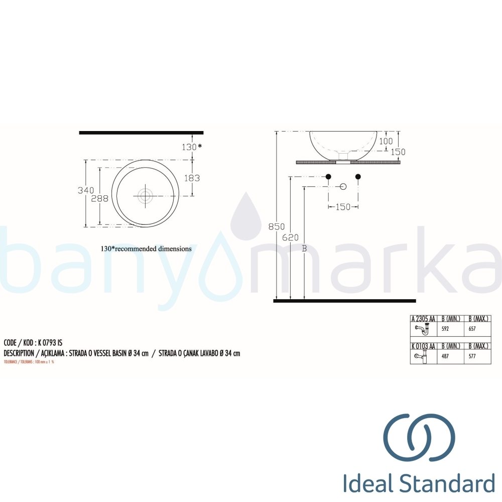 Ideal Standard Strada Yuvarlak Çanak Lavabo, 34 cm