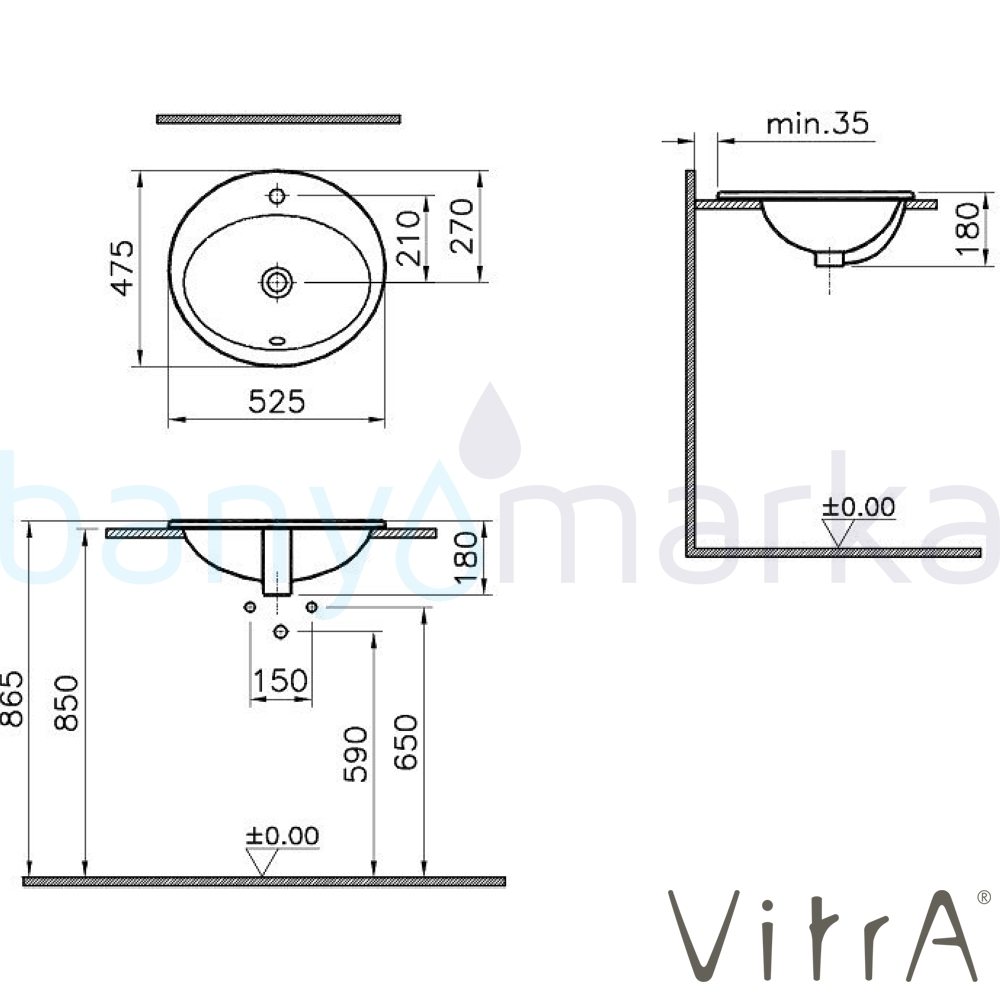 Vitra Tezgah Üstü Lavabo, Oval 53 cm