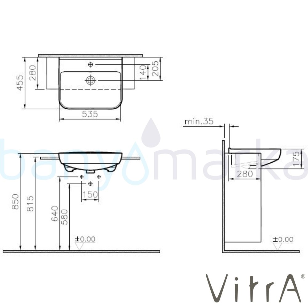 Vitra Sento Yarım Tezgah Lavabo, 55 cm