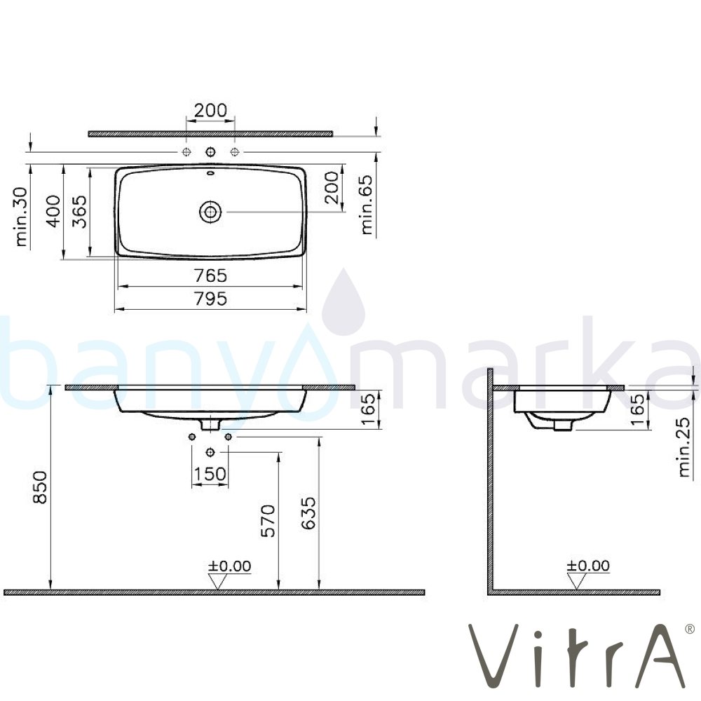 Vitra Metropole Tezgah Altı Lavabo, 77 cm