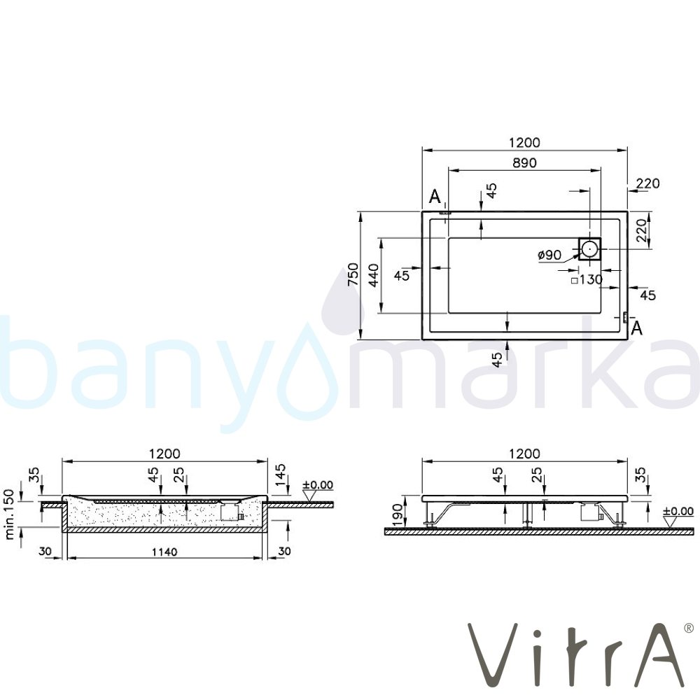 Vitra T75 120x75 Dikdörtgen Duş Teknesi, Sifon Dahil