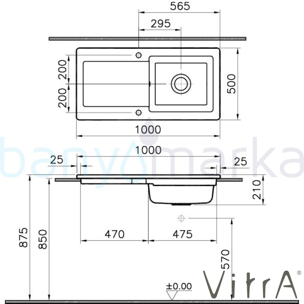 Vitra Arkitekt Damlalıklı Tek Gözlü Eviye, 100 cm