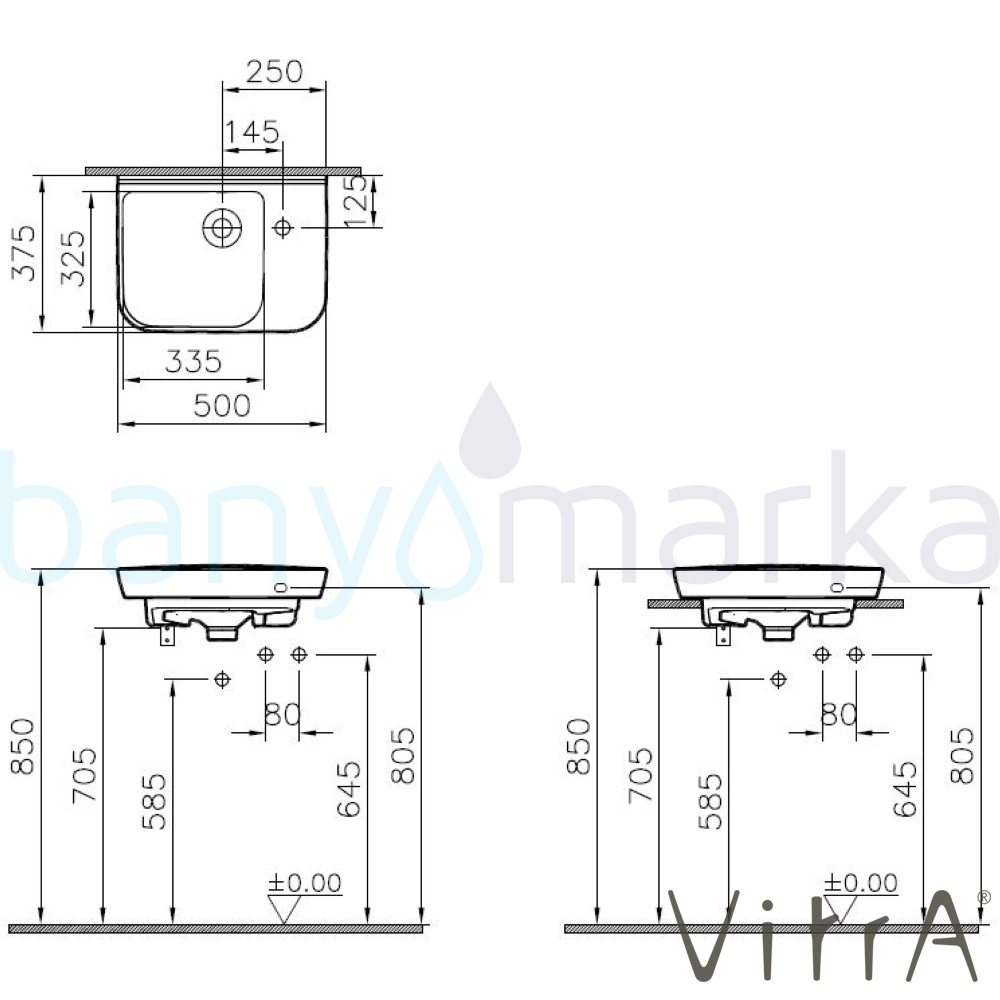 Vitra Sento Lavabo, Sağdan Armatür Delikli, 50 cm