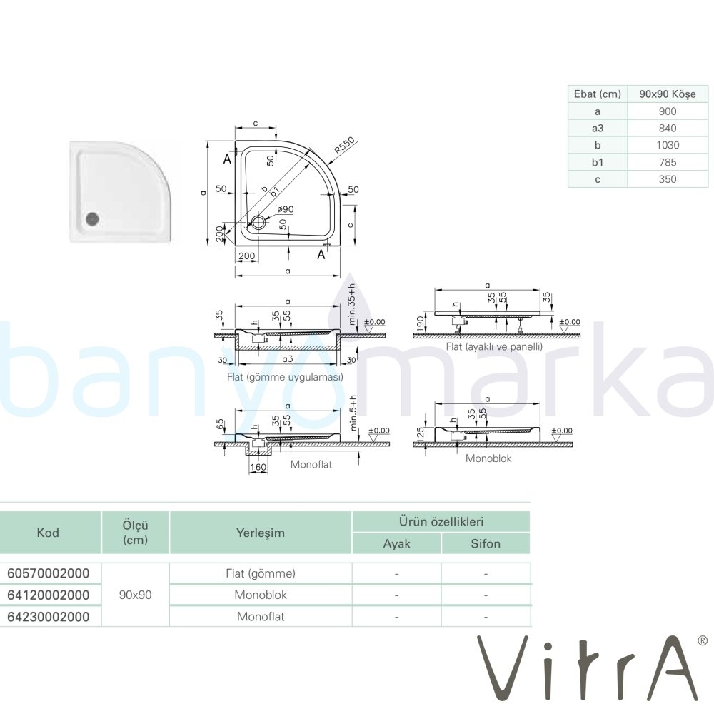 Vitra Optimum Neo 90x90 Monoblok Duş Teknesi - 64120002000