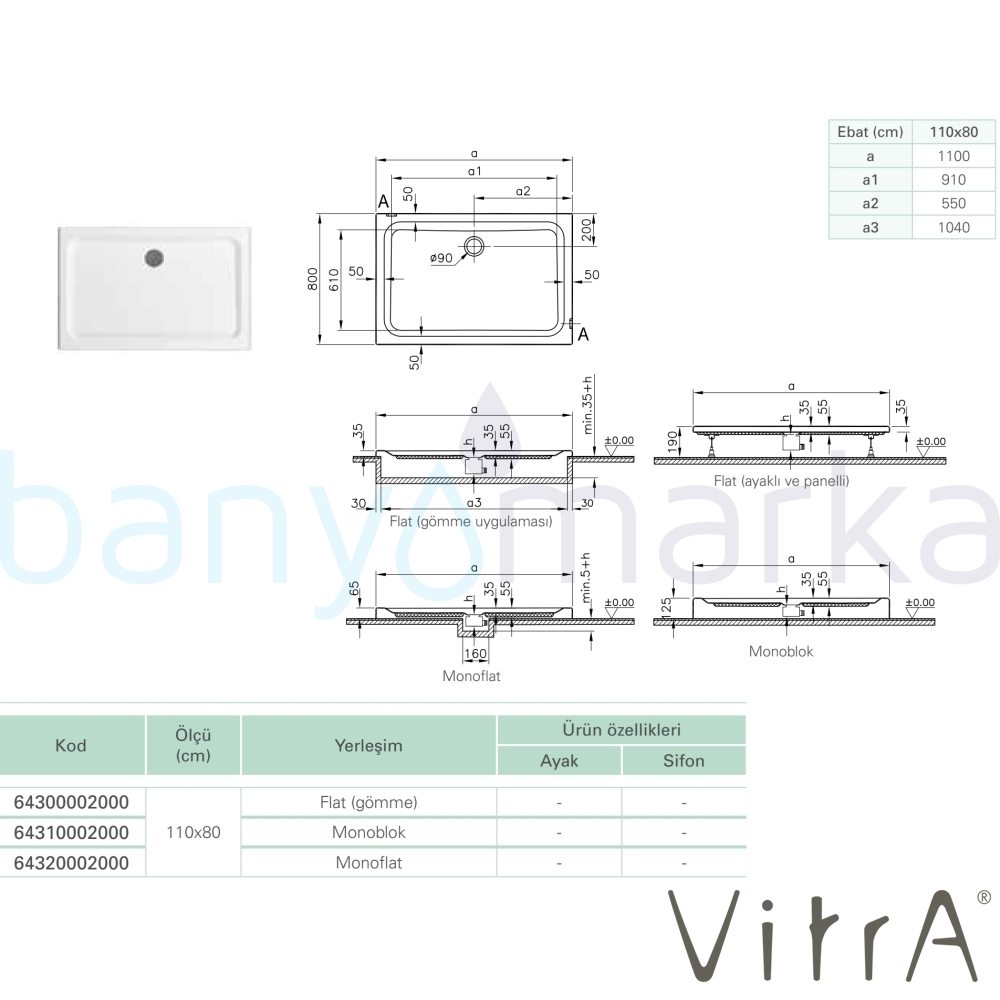 Vitra Optimum Neo 110x80 Monoblok Duş Teknesi
