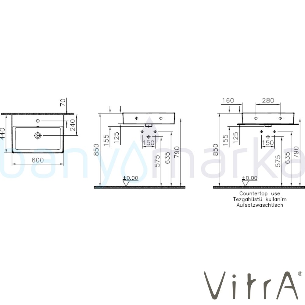 Vitra Nuo Dikdörtgen Lavabo, 60 cm - 7432B003-0001