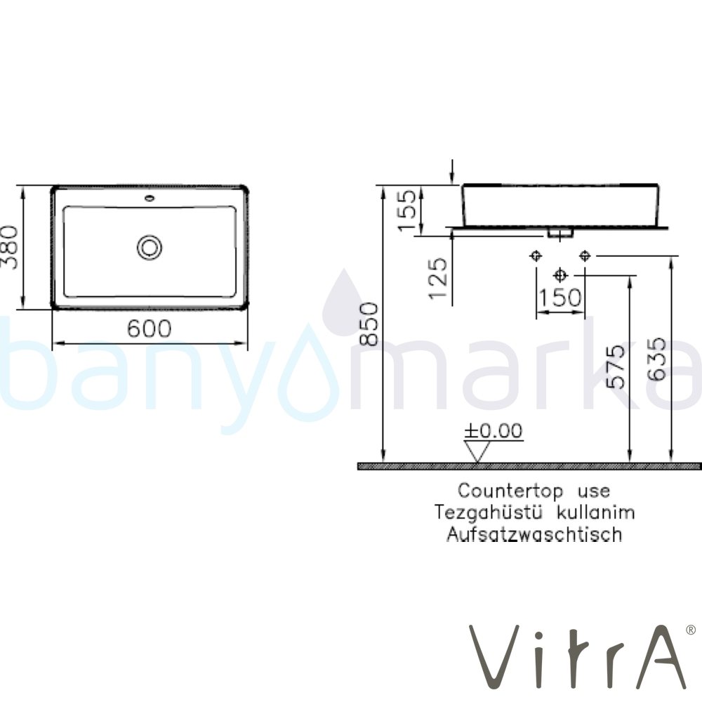 Vitra Nuo Dikdörtgen Çanak Lavabo, 60 cm - 7434B003-0016