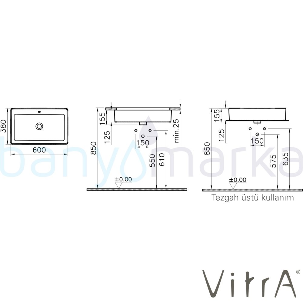 Vitra Nuo Tezgah Altı Lavabo, 60 cm