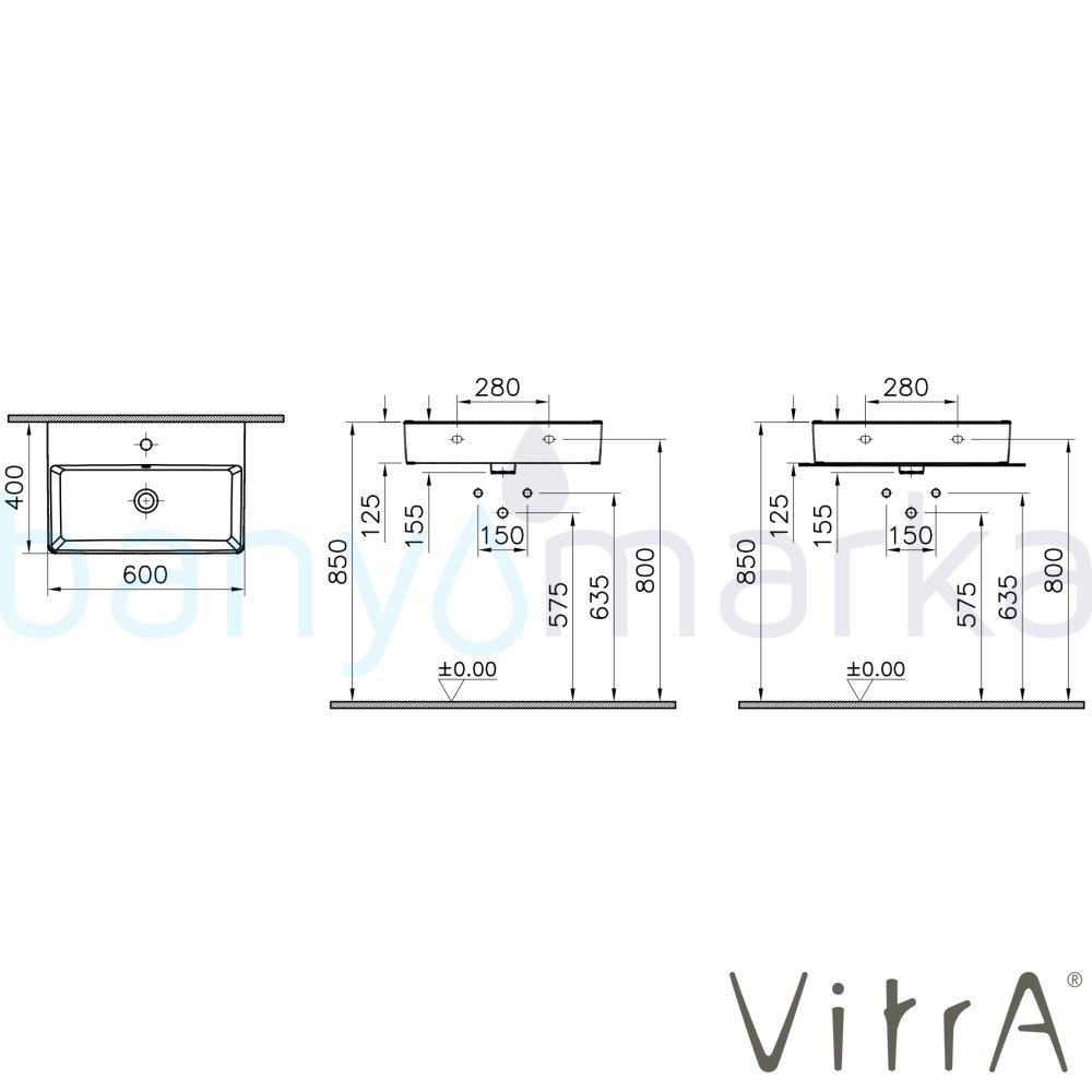 Vitra Nuo Dikdörtgen Lavabo, 60 cm 7435B003-0041