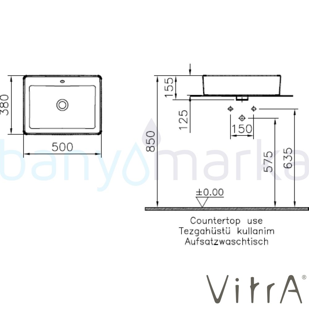 Vitra Nuo Dikdörtgen Çanak Lavabo, 50 cm 7436B003-0016