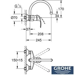 Grohe Eurosmart Duvardan Lavabo Bataryası